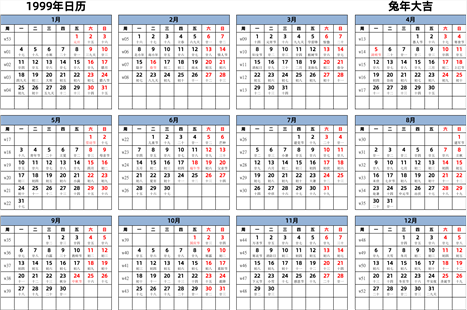 1999年日历表 日历表1999年日历全年 无农历 无周数 周日开始 - 在线网页版 - 日历精灵